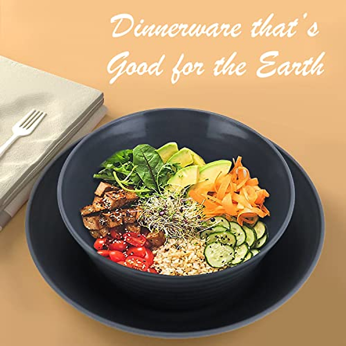 Wrova Wheat Straw Dinnerware Sets - 8 set Unbreakable Microwave Safe Dishes - Reusable Wheat Straw Plates and Bowls Sets for Kitchen - Kid’s Wheat Straw Bowls and Plate for Cereal, Soup （4 color）