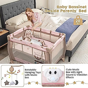 Costzon 3 in 1 Pack and Play with Bassinet, Portable Baby Playard with Changing Table, Bassinet, Music Box, Whirling Toys, Wheels/Brake, Large Basket, Bag, Foldable Travel Crib for Indoor Outdoor