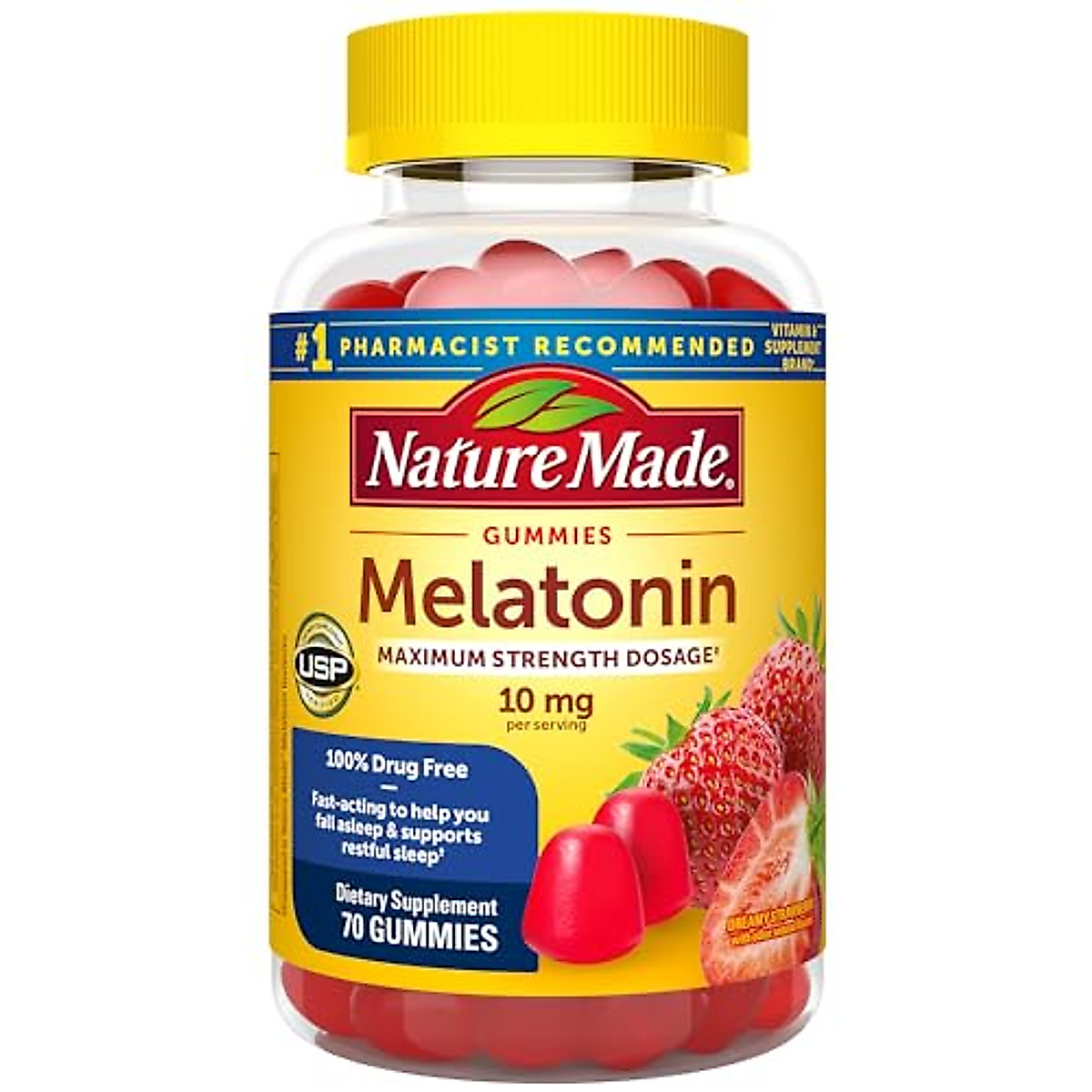 Nature Made Melatonin 10mg per serving Gummies, Maximum Strength Dosage, 100% Drug Free Sleep Aid for Adults, 70 Melatonin Gummies, 35 Day Supply