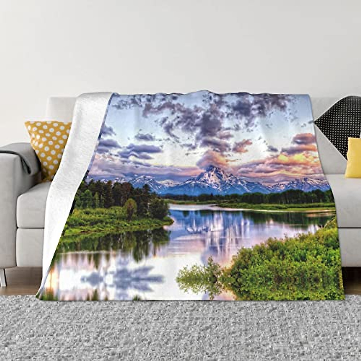 Grand Teton National Park Print Fleece Throw Blanket for Couch Ultra Soft Lightweight Flannel Blanket, 50" X 60"