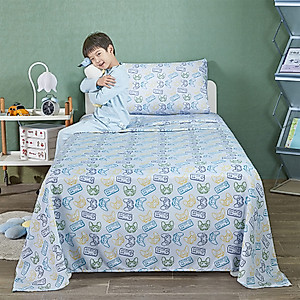 Viviland Kids Twin Sheet Set - Boys Game Twin Sheet Set - Kids Boys Twin Microfiber Fitted Sheet (15" deep Pocket) Flat Sheet - Light Grey Game Paddle Controller Printed