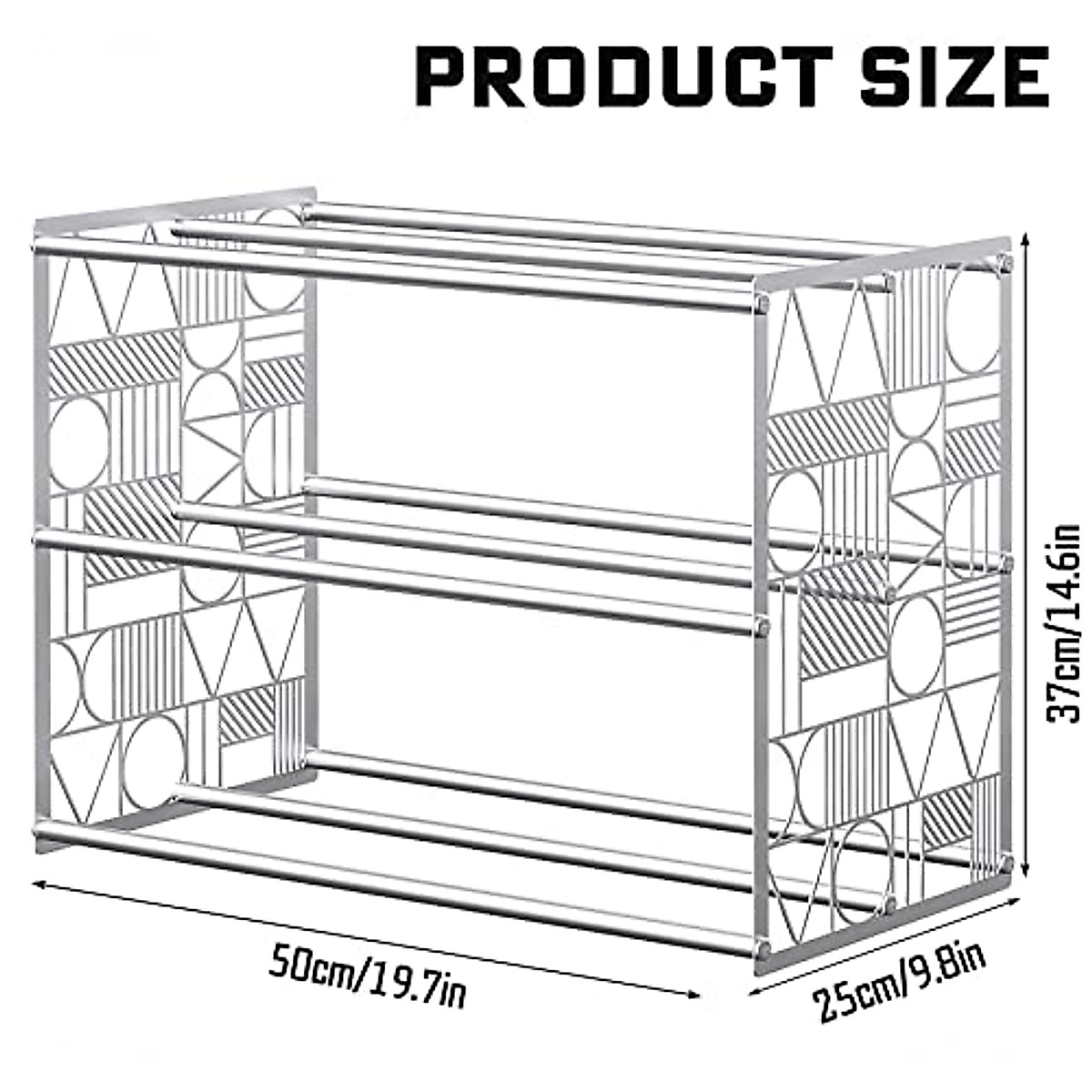 NiHome Silver 3-Tier Shoe Rack - Geometric Patterned Multi-Layered Organizer for Small Spaces with 6 Pair Storage Capacity, Ideal for Closets, Hallways, Entryways, Living Rooms and Bedrooms