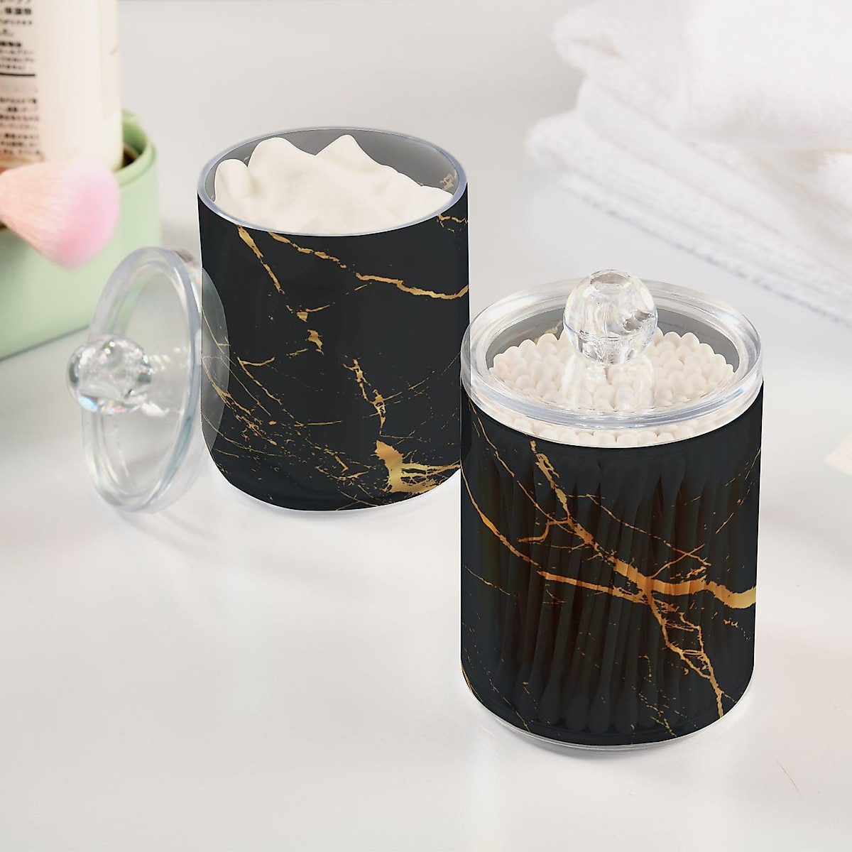 BOENLE 2 Pack Qtip Holder Organizer Dispenser Gold Black Marble Texture Bathroom Storage Canister Cotton Ball Holder Container for Cotton Pads/Swabs/Floss
