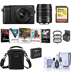 Panasonic Lumix DMC-GX85 Mirrorless Camera, Black, with 12-32mm and 45-150mm Lens Bundle with Bag, 32GB SD Card, Filter Kit, Extra Battery and Accessories