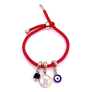 LESLIE BOULES Red Charm Bracelet Saint Michael Archangel Medal Genuine Azabache Stone and Blue Evil Eye Pendant
