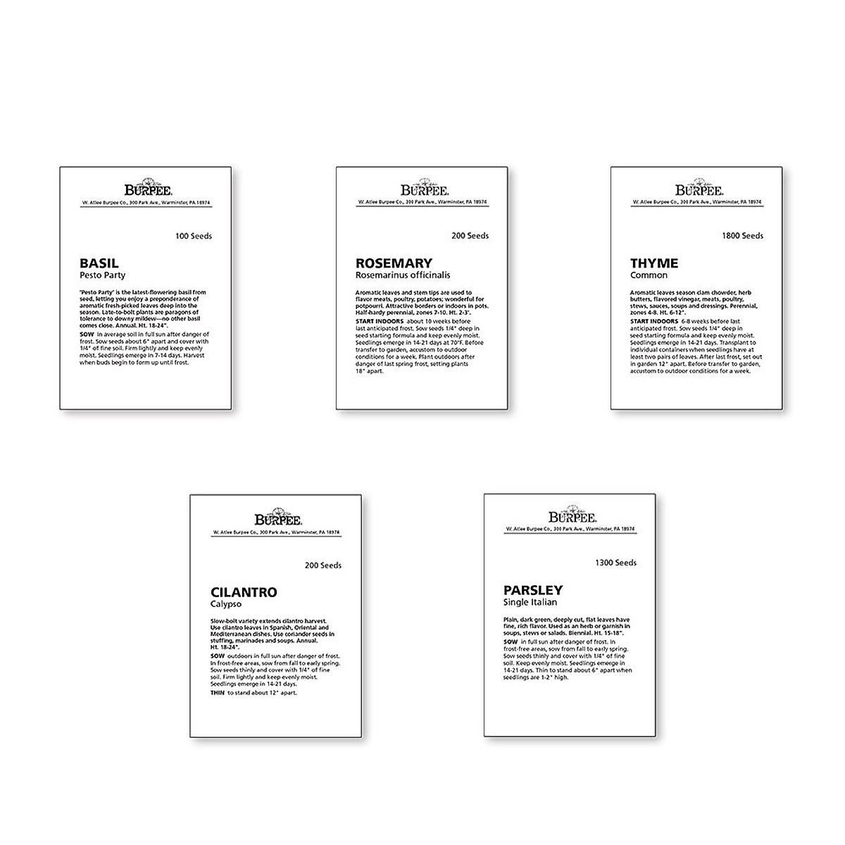 Burpee Windowsill Herb Collection Seeds 5 packets of seed.