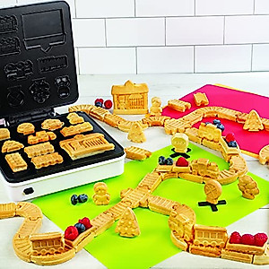 Train Set Waffle Maker - Build Waffle or Pancake Shaped Tracks, Cargo Cars, Signs, Station & More- Fun Family Breakfast for Kids, Electric Nonstick Waffler Iron w/ 4 Removable, Dishwasher Safe Plates