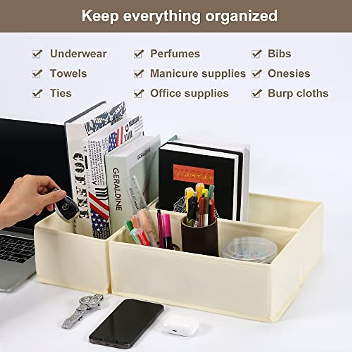 Coorganisers 6 Packs Dresser Organizers, Drawer Organizers for Clothing, Baby Organizers and Storage Drawers, Woven-Fabric Dresser Drawer Organizers, Baby Clothes Organizer in Bedroom (Beige)