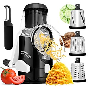 BASSWOOD Rotary Cheese Grater with Handle - Mandoline Slicer with 3 Stainless Steel Drum Blades-Vegetable Slicer Walnuts Grinder Cheese Shredder Round Mandoline with Peeler (Black)