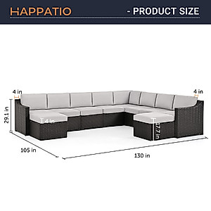 HAPPATIO 10 Piece Patio Conversation Set,All-Weather Patio Furniture Set with Multiple Configuration Options,Rattan Wicker Outdoor Sectional Sofa with Thick Cushions. Easy Setup. (Brown/Gray)