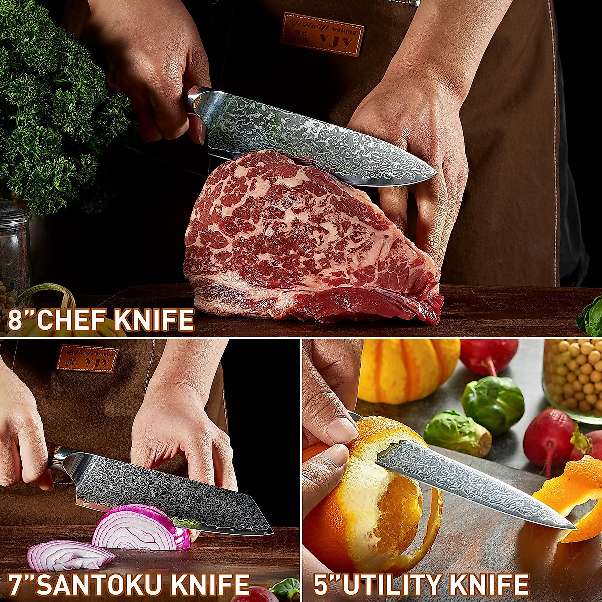 Damascus Kitchen Knife Set 3 PCS, Ultra Sharp Chef Knife Set With Japan VG-10 Steel Core, Professional High Carbon Steel Japanese Knife Sets for Cooking With Ergonomic Wooden Handle & GIFT BOX