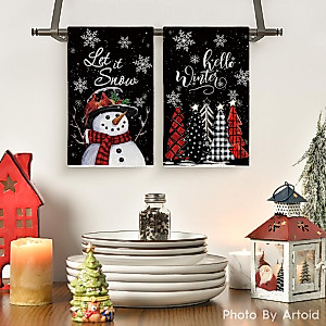 Artoid Mode Black Snowman Let It Snow Xmas Trees Hello Winter Kitchen Towels Dish Towels, 18x26 Inch Daily Seasonal Christmas Decoration Hand Towels Set of 2