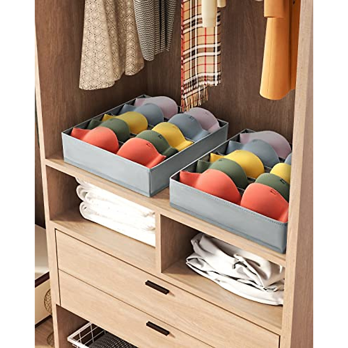 DIMJ 2 Pack Bra Drawer Organizers, 5 Cells Underwear Organizer Drawer Bra with Divider Zip Storage Cabinet Organizer Fabric Box for Bra, Socks, Ties, Belts (Grey)