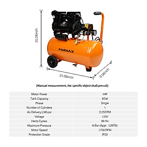 FORNAX Portable Air Compressor 6 Gallon, 1 HP 2.2CFM@ 90 PSI Oil Free Air Compressor, Max Pressure 125 PSI, 65 dB Quiet Compressor for Auto Repair, Tire Inflation, Spray Painting, Woodwork Nailing
