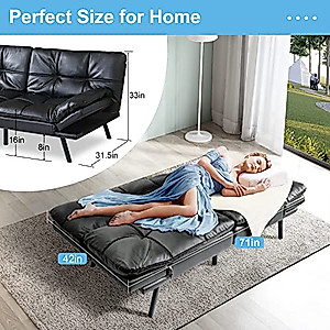 Opoiar Futon Sofa Bed,Faux Leather Convertible Sofa Bed,2 Seater Sofa Couch,Futon Couch,Memory Foam Sleeper Sofa with Quick Adjustable Armrest & Backrest for Compact Living Spaces,Black