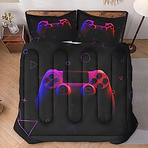 WeCozy Twin Size Comforter Set with Pillowcase, Red Gamepad Gaming Neon Game Soft Bedding Set for Kids and Adults Bedroom Bed Decor