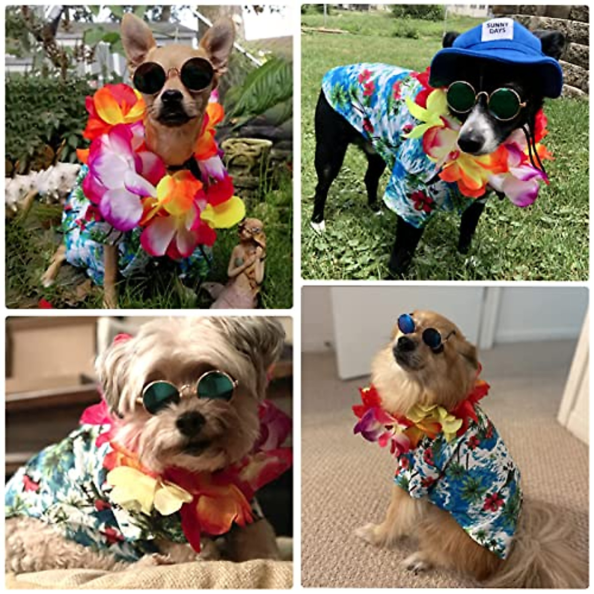 3 Pieces Pet Dog Hawaiian Costume, Includes Puppy Dog's Cool T-Shirts Summer Clothes, Funny Cute Dog Retro Fashion Sunglasses and a Colorful Wreath for Small to Medium Dog (Green Series)