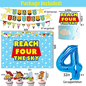 Xrjnfhi Cartoon Story 4th Birthday Party Supplies Reach Four The Sky Birthday Decorations include Balloon Arch kits Backdrop Banner Cake Cupcake Toppers Tablecloth for Boys Girls 4th Bday Decor