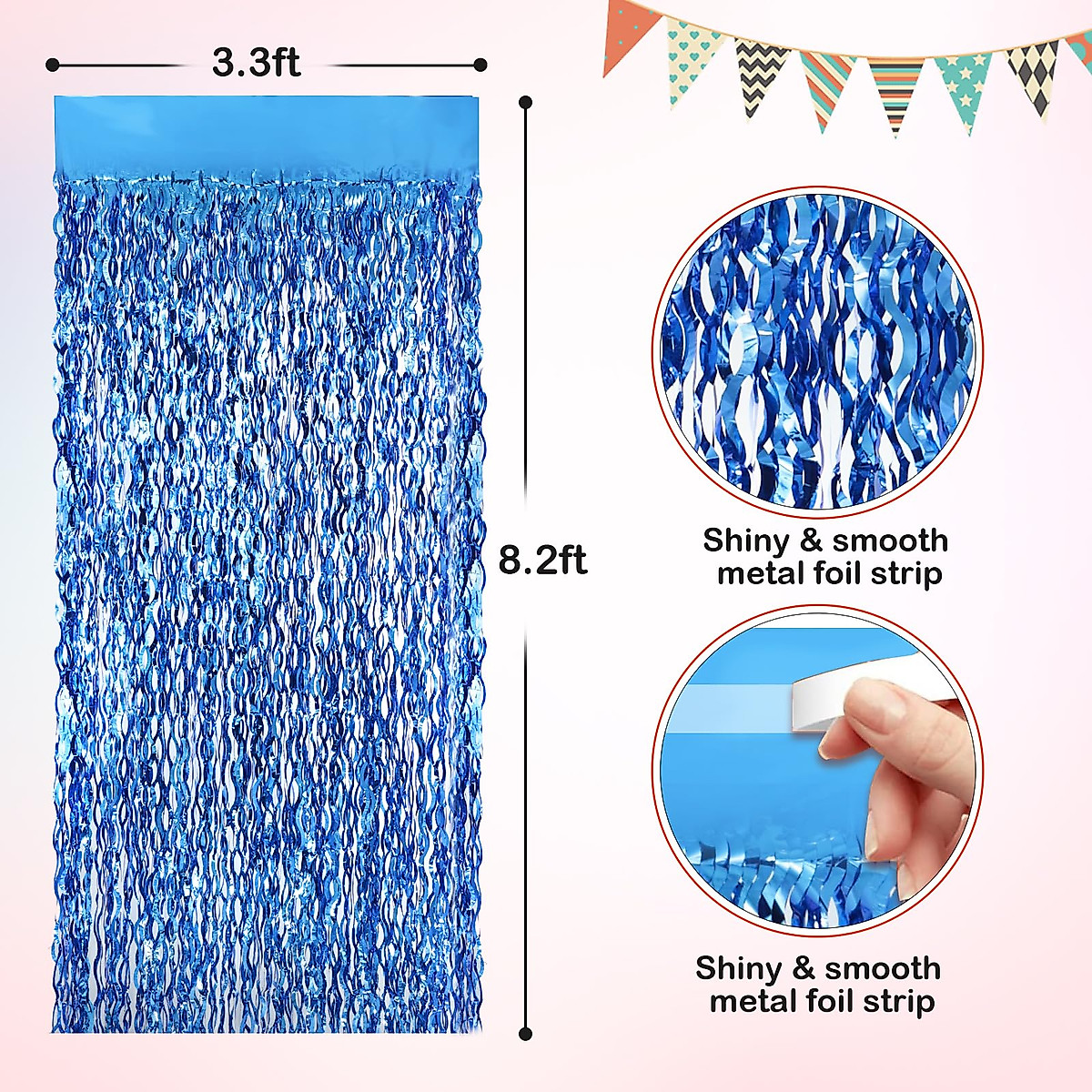 Wavy Blue Metallic Tinsel Foil Fringe Curtains, 2 Pack 3.3x8.3 Feet Party Streamer for Birthday Party Decorations, Halloween Decor, Foil Curtain for Bachelorette Party