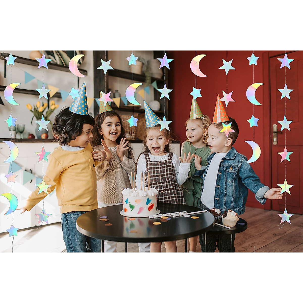 Abien Moon Star Garland Decorations Holographic Hanging Decor Party Streamers Silver Twinkle Star Banner Backdrop for Baby Shower Birthday Wedding Engagement Disco Sparkly Party Decorations 4PCS