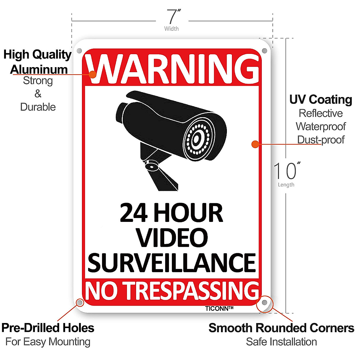 TICONN 4-Pack 24 Hour Video Surveillance Sign, No Trespassing Aluminum Warning Sign, 10’’x7’’ for CCTV Security Camera - Reflective, UV Protected