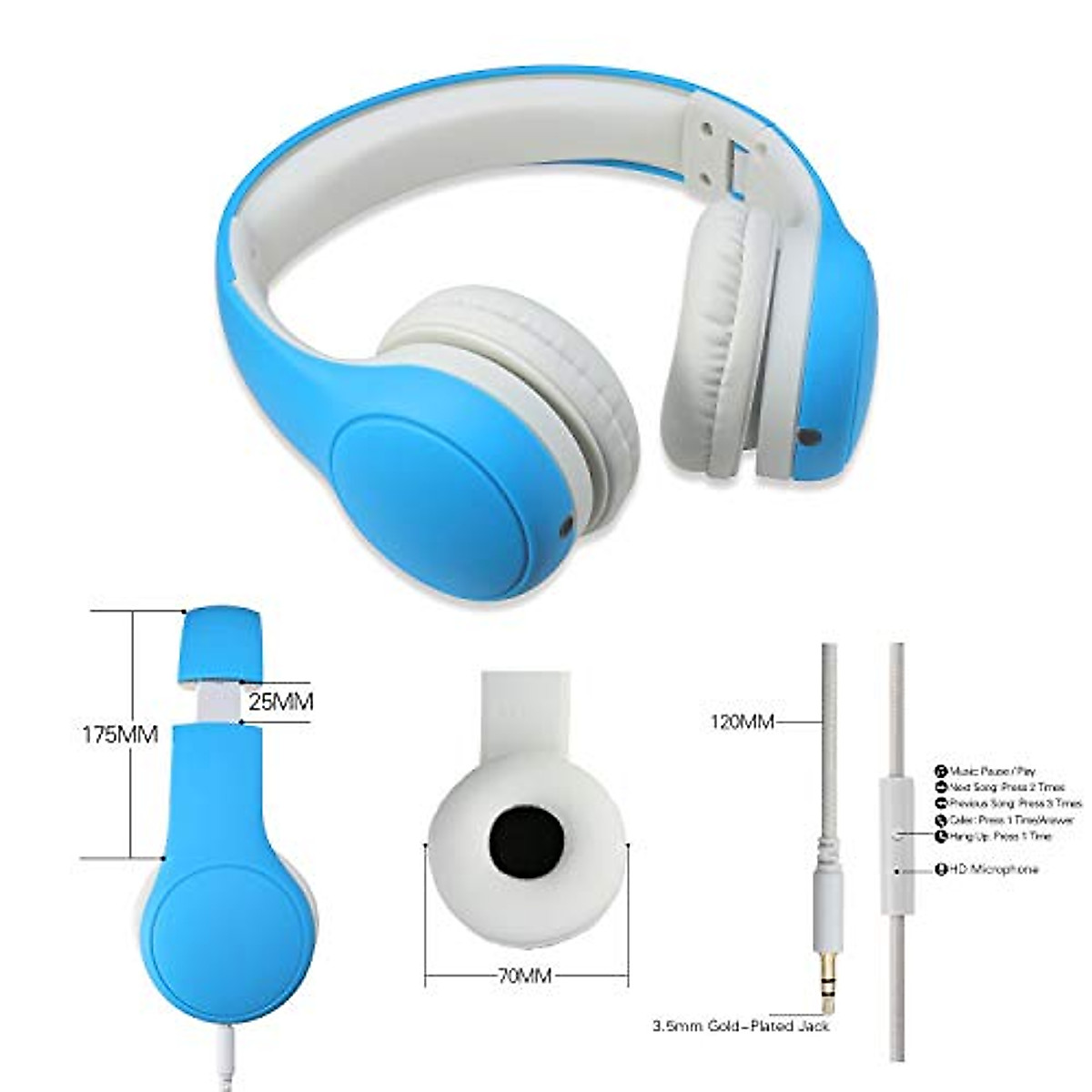 Anble Kids Headphones with Microphone Volume Limited Foldable Wired Headsets for Children - Blue