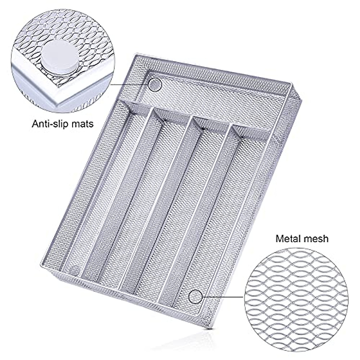 WuGeShop Desk Drawer Organizer Tray 5 Compartments, Metal Mesh Desk Drawer Storage Tray with Non-slip Mats for Office, Bathroom, Kitchen, Silver