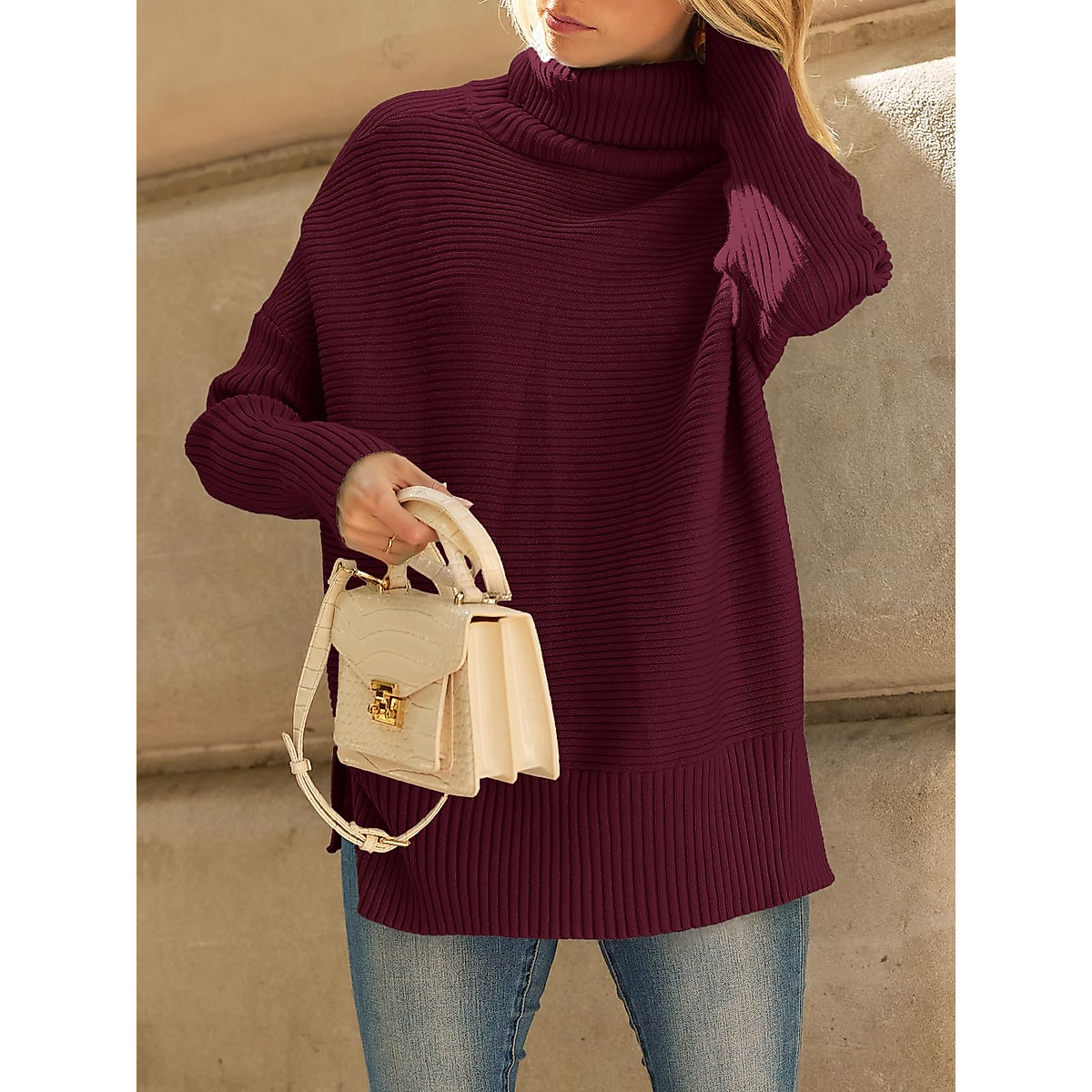 LILLUSORY Womens Turtleneck Oversized Tunic Fall Sweaters 2025 Casual Long Pullover Knit Winter Cute Poncho Fashion Trendy Clothes Outfits Clothing Tops Leggings Wine Red