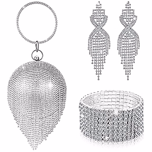 Saintrygo 3 Pieces Silver Clutch Purses Bag for Women Evening Rhinestone Jewelry Set Bling Earrings Elastic Bracelets Set Rhinestone for Women Wedding Party