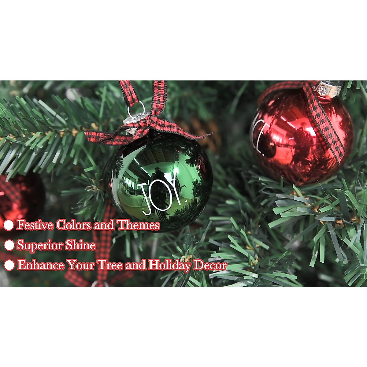Rae Dunn Christmas Ornaments - Set of 6 Glass Balls - Red, Green, Clear - Peace, Love, Joy, Hope, Wish, Nice - 60mm / 2.36 Inch Hanging Holiday Decorations for Xmas Tree