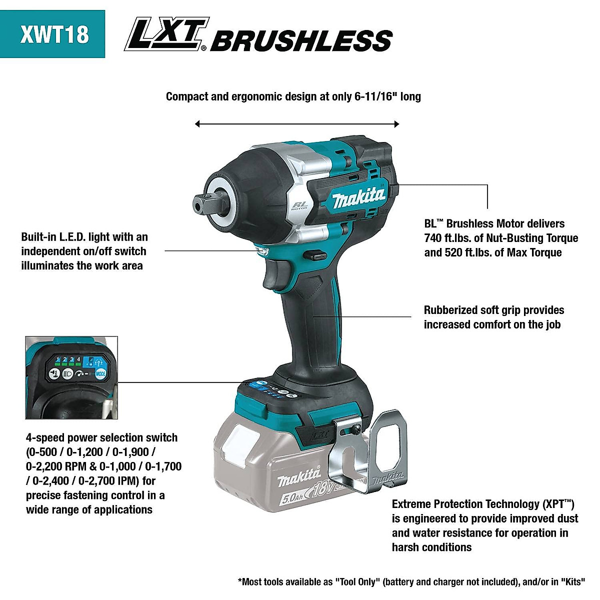 Makita XWT18XVZ 18V LXT® Lithium-Ion Brushless Cordless 4-Speed Mid-Torque 1/2" Sq. Drive Utility Impact Wrench w/Detent Anvil, Tool Only