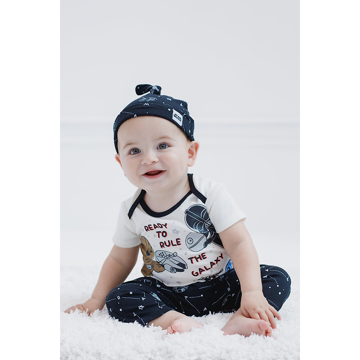 STAR WARS Darth Vader Chewbacca Newborn Baby Boys 3 Piece Outfit Set: Cuddly Bodysuit Pants Hat White/Black 0-3 Months