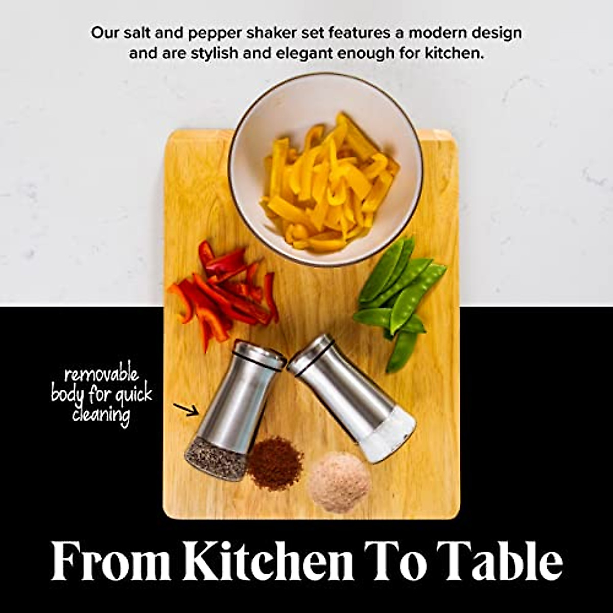 Premium Salt and Pepper Shakers with Adjustable Pour Holes - Elegant Stainless Steel Salt and Pepper Dispenser - Perfect for Himalayan, Kosher and Sea Salts - Spices