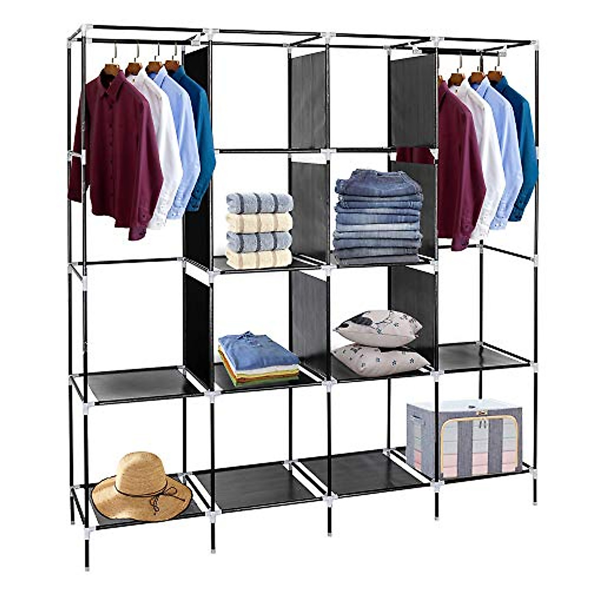 Knocbel 67" Tall Freestanding Closet Organzier Clothes Garment Rack Dustproof & Waterproof Fabric Cover with Storage Shelves 2 Hanging Rods & 4 Side Pockets (Black)