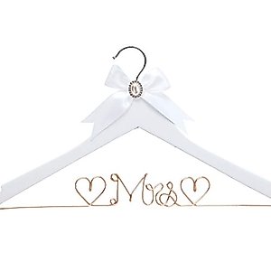 HUIDIAN White Solid Wood Bridal Dress Hanger with Lady Wire Lettering for Bridal Wedding Party Gift (Rose Gold line White Hanger)