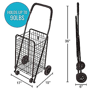 DMI Utility Cart with Wheels, Grocery and Shopping Cart, Laundry Cart, Stair Climber Cart, Lightweight, Holds up to 90 Pounds, Compact and Foldable, Black