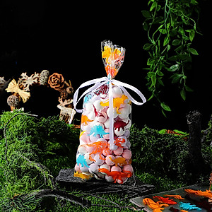 Outus 100 Pieces Dinosaur Cellophane Bags Clear Dinosaur Skeleton Bags Party Favors Bags with A Roll of Ribbon for Chocolate Candy Snacks Cookies Dinosaur Themed Party Supplies (Mixed Colors)