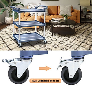 MAYNIYJK Utility Carts with Wheels, 3-Tire Restaurant Cart, Heavy Duty Rolling Cart Food Service Cart 420lbs, Plastic Bus Cart with Lockable Wheels and Rubber Hammer for Warehouse/Office/Kitchen, Grey