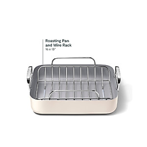 Caraway Roasting Pan - 16x13” Roasting Pan with Rack - Non-Stick Ceramic Coated - Non Toxic, PTFE & PFOA Free - Oven Safe & Compatible with All Stovetops - Cream