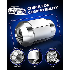 OMT 1/2"-20 Lug Nuts with Cone Seat, 3/4" 19mm Hex 1.38x0.87 in. Chrome Plated Wheel Lug Nuts Compatible with Ford Mustang Explorer F-150 Dodge Ram 1500 Ramcharger Jeep Wrangler & More, Set of 20