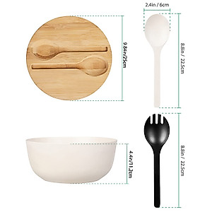 ECOHAGOU 10” Bamboo Fiber Large Salad Serving Bowl Set with Wooden Lid & Servers, 3.5 Qt Big Bowl with Utensils for Mixing Salad,Fruit,Pasta,Lightweight & Dishwasher Safe, Ideal Gift for Home (White)
