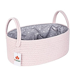 AUNHUIT Baby Diaper Caddy Organizer, Extra Large Cotton Rope Storage Bin for Nursery Essentials [8 Pockets+5 compartments], Portable Basket for Changing Table/Car-100% Natural Cotton (Pink)