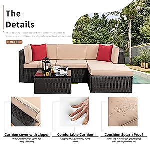 Shintenchi 5 Pieces Patio Furniture Sets Outdoor All-Weather Sectional Patio Sofa Set PE Rattan Manual Weaving Wicker Patio Conversation Set with Glass Table&Ottoman Cushion and Red Pillows