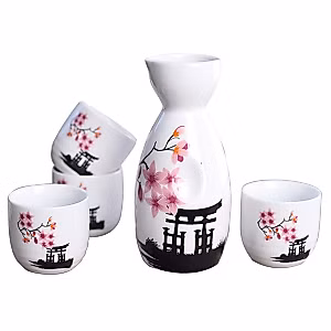 Tosnail 5 Pieces Ceramic Japanese Sake Set, 1 Serving Carafe and 4 Cups - Pink Sakura