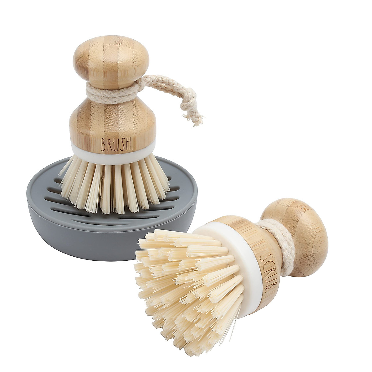 Rae Dunn Bamboo Palm Brush Set - Set of 2 Palm Brush Scrubber for Fruits and Vegetables and for Cleaning Dishes - Made of Bamboo Handles and Soft Flexible Bristles