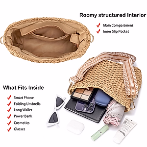 Herald Small Handmade Straw Crossbody Bag for Women, Summer Chic Woven Handbag Shoulder Purse with Chain & Guitar Strap (Coffee)