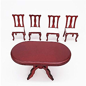 EatingBiting 1:12 Dollhouse Miniature Furniture Red Wooden Dining Table Chairs 5pcs Set 1 Table and 4 Chair Wooden Creative Handcraft Gift for Boys Girls Perfect for Interior Model.