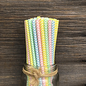 Outside the Box Papers Pastel Chevron Paper Straws - Easter Straws - 100 Pack Pink, Light Blue, Yellow, Green