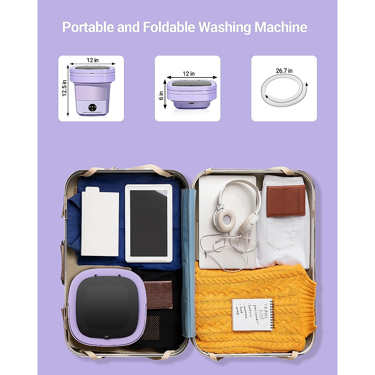 Portable Washing Machine, 11L Upgraded Large Capacity Mini Washer, Small Washing Machine for Apartments, Travel Laundry, Camping, RV, Dorm (Purple)