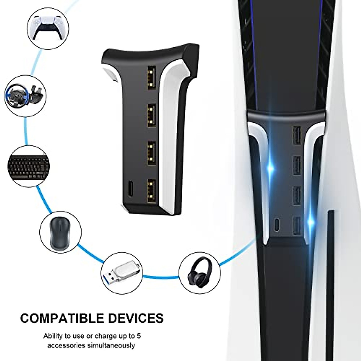 5 Ports USB Hub for PS5 - USB 2.0 Hub High-Speed Expansion USB Charger Splitter Adapter with 4 USB + 1 USB C Port, Compatible with Playstation 5 Accessories Game Console Headset